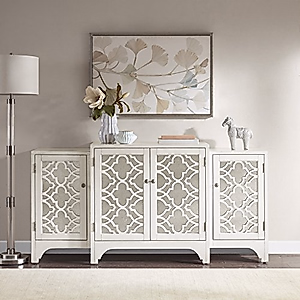 Madison Park Verona Media Console Cabinet - Modern Mid-Century, Quaterfoil Mirrored Door Design Buffet/Sideboard Accent Living Room Furniture, 68" Wide, White