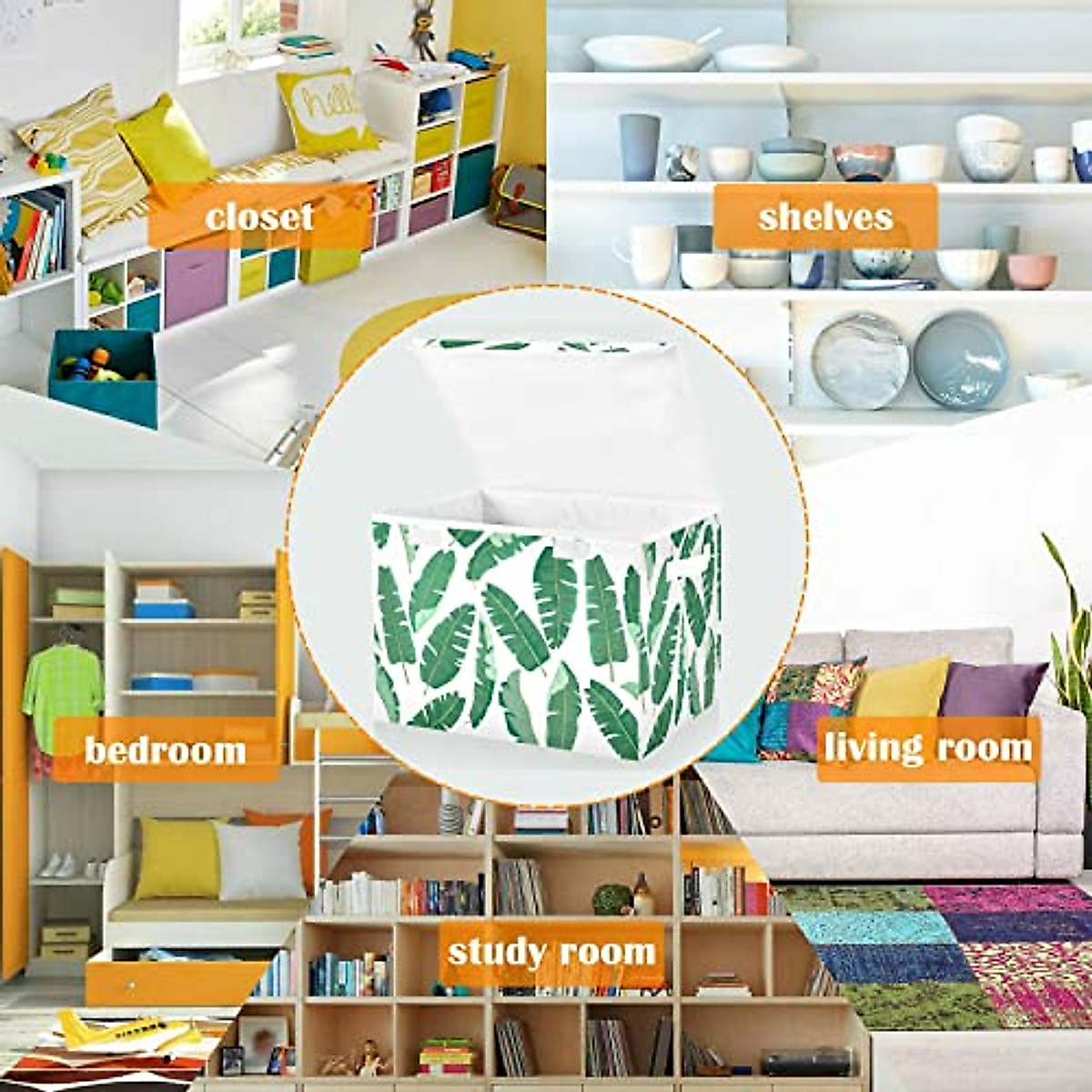 CaTaKu Green Banana Leaves Storage Bins with Lids and Handles, Fabric Large Storage Container Cube Basket with Lid Decorative Storage Boxes for Organizing Clothes