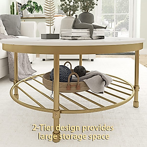 Gezen Round Coffee Table for Living Room, 2-Tier Modern Coffee Table with Open Storage Shelf, Industrial Rustic Steel Accent Table, Wooden Tabletop, Metal Frame - Marble White with Gold Frame