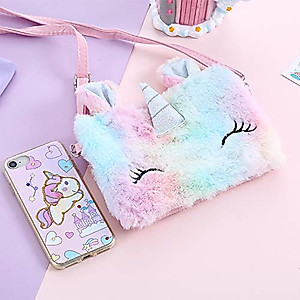 Women Girls Kids Fluffy Fuzzy Unicorn Bag Plush Tie Dye Rainbow Crossbody Purse