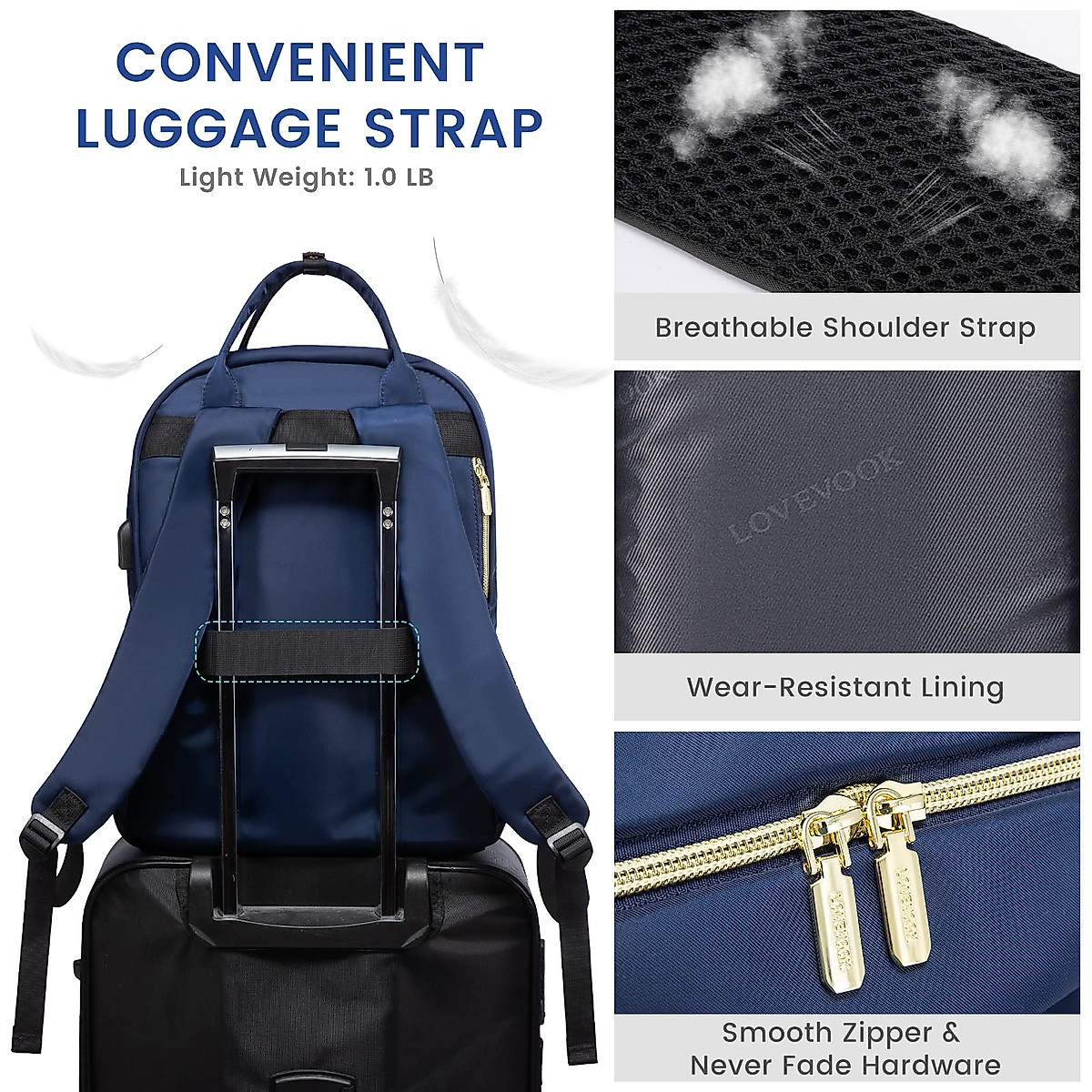 LOVEVOOK 15.6 Inch Laptop Backpack for Women,Fashion Work Travel Backpack,Waterproof Day Pack Purse for Teacher Nurse, Navy Blue.