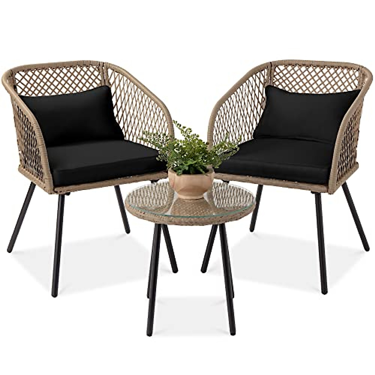 Best Choice Products 3-Piece Outdoor Wicker Bistro Set, Patio Dining Conversation Furniture for Backyard, Balcony, Porch w/Diamond Weave Design, Tempered Glass Side Table, 2 Chairs - Black