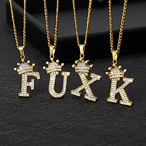 Cubic Zircon Crown Alphabet Necklace For Women Stainless Steel Gold Color A-Z Initial Letter Pendants Necklaces Wedding Jewerly IG3E9 (W-45cm)
