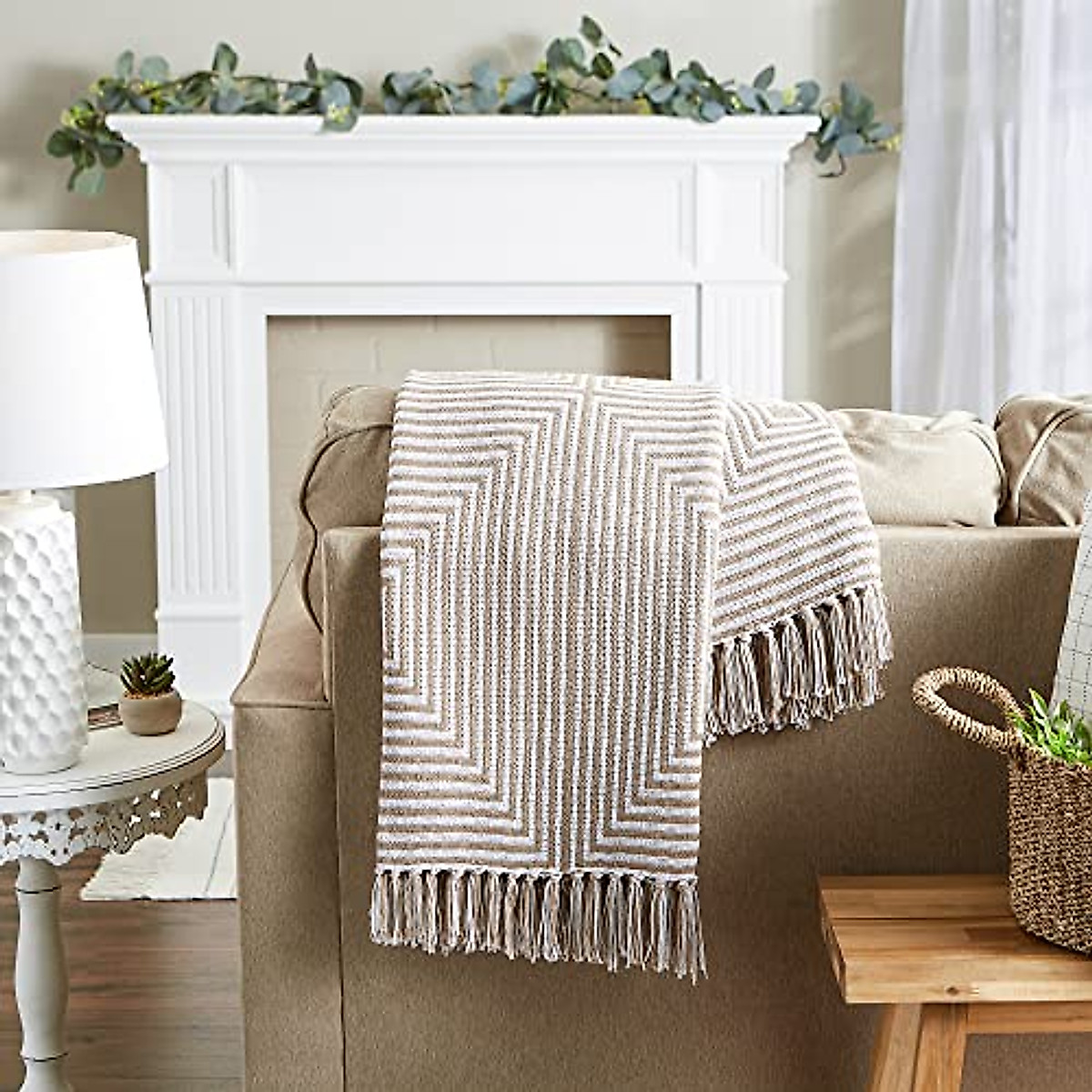 DII Square Woven Throw with Decorative Fringe 100% Cotton, Stylish and Functional, 50x60, Stone