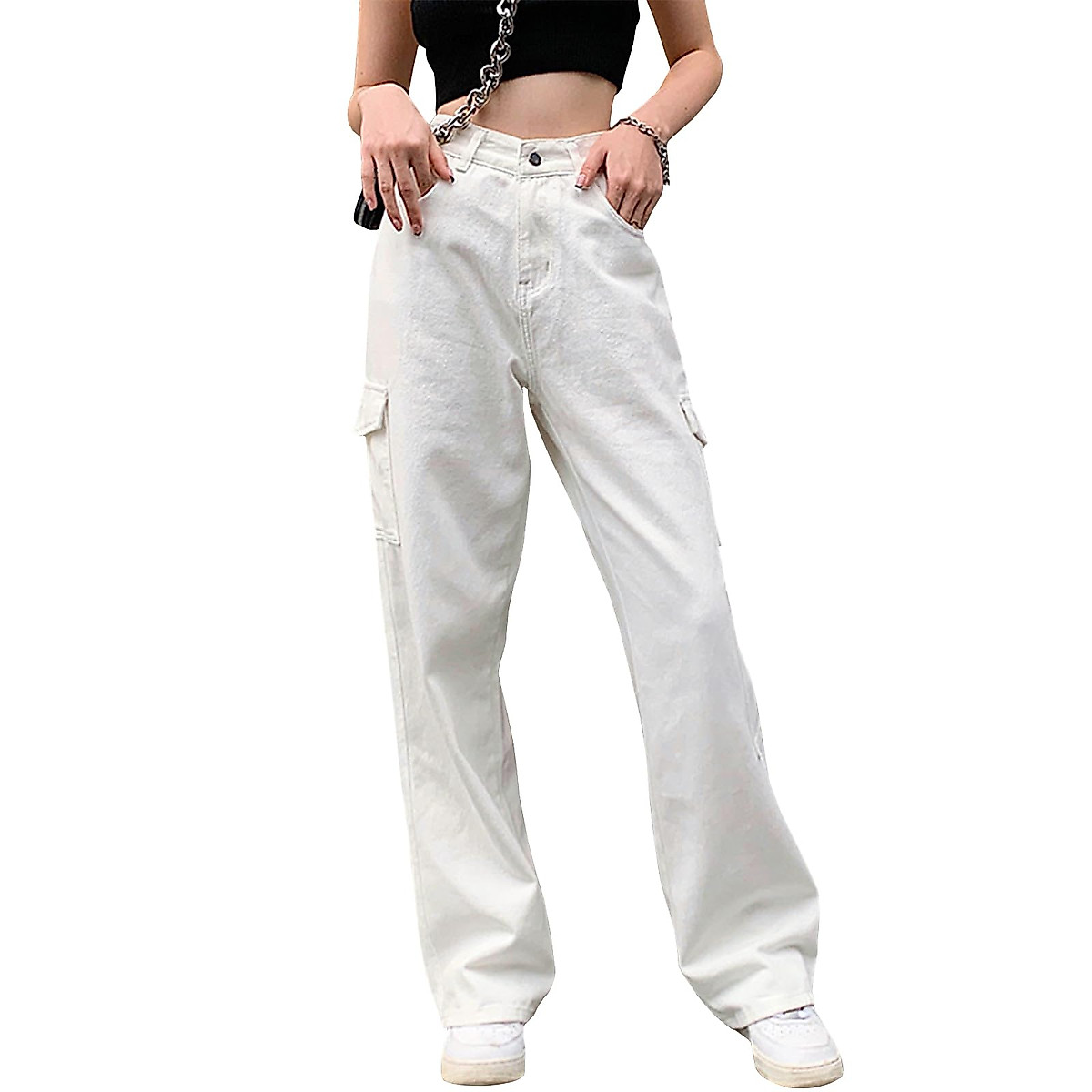 LONGYIDA Baggy Jeans for Women Y2K Stretch High Waisted Straight Wide Leg Denim Jeans Casual Cargo Pants Trousers(White,M)