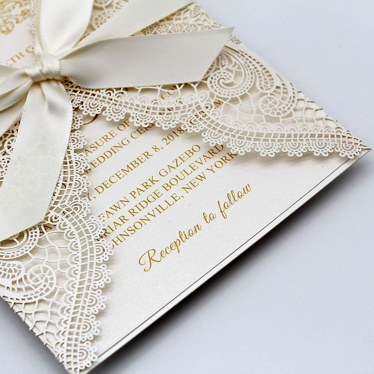 Picky Bride 25-Pack Ivory Laser Cut Lace Wedding Invitations Wraps with Shimmer Insert and Ribbon Bow, Elegant Invite Cards for Wedding/Bridal Shower/Birthday Party, 125 x 185mm (25 Invitations)