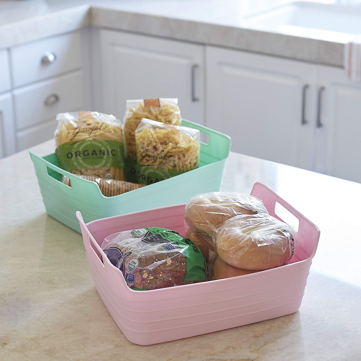 ECR4Kids Bendi-Bins with Handles, Multipurpose Flexible Plastic Storage Baskets, Stackable Baskets, Soft Plastic Storage Bin, 13in x 10in, 6-Piece (Pastel)