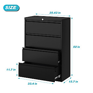 Aobabo Metal Lateral File Cabinet with Lock,Large Deep Drawer with Adjustable File Bars for Office,Home,35.43 Inches Wide for Letter/Legal A4 Size Drawer,Assembly Required (Black,4 Drawer)………