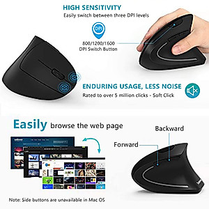 Ergonomic Mouse, Vertical Wireless Mouse - LEKVEY Rechargeable 2.4GHz Optical Vertical Mice : 3 Adjustable DPI 800/1200/1600 Levels 6 Buttons, for Laptop, PC, Computer, Desktop, Notebook etc, Black