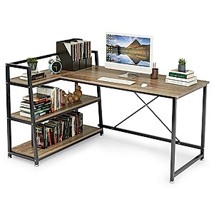Cyfie L-Shaped Computer Desk with Bookshelf Switchable 3-Tier Storage Shelf, 60'' Corner Writing Desk, X-Frame Reinforced Design Workstation Gaming Table for Rental House, Home, Office, Bedroom, Study