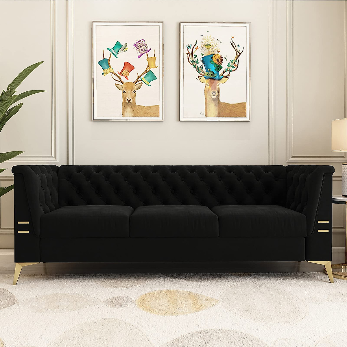 Tomkate Chesterfield Sofa, 82" Velvet Upholstered 3 Seater Couches with Flared Arms and Removable Cushions, Mid-Century Modern Sofa Couch with Solid Wood Frame and Gold Legs for Living Room (Black)