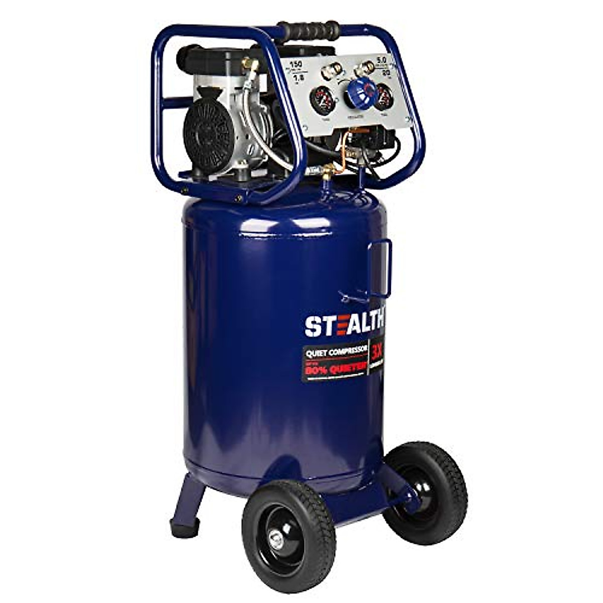 Stealth 20 Gallon Ultra Quiet Air Compressor,1.8 HP Oil-Free Peak 150 PSI 68 Decibel Air Compressor,5.5 CFM @ 40 PSI 5 CFM @ 90 PSI Silent Portable Long Life Electric Air Compressor W/Wheel for Garage