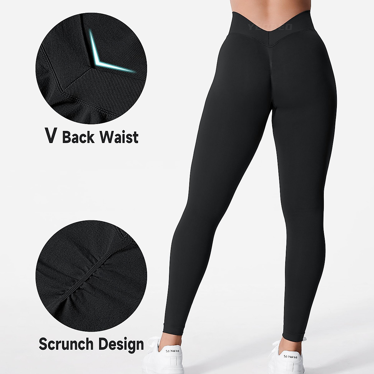 YEOREO Liz Scrunch Workout Leggings for Women High Waisted Butt Lifting V Back Waist Seamless Gym Yoga Leggings Black M
