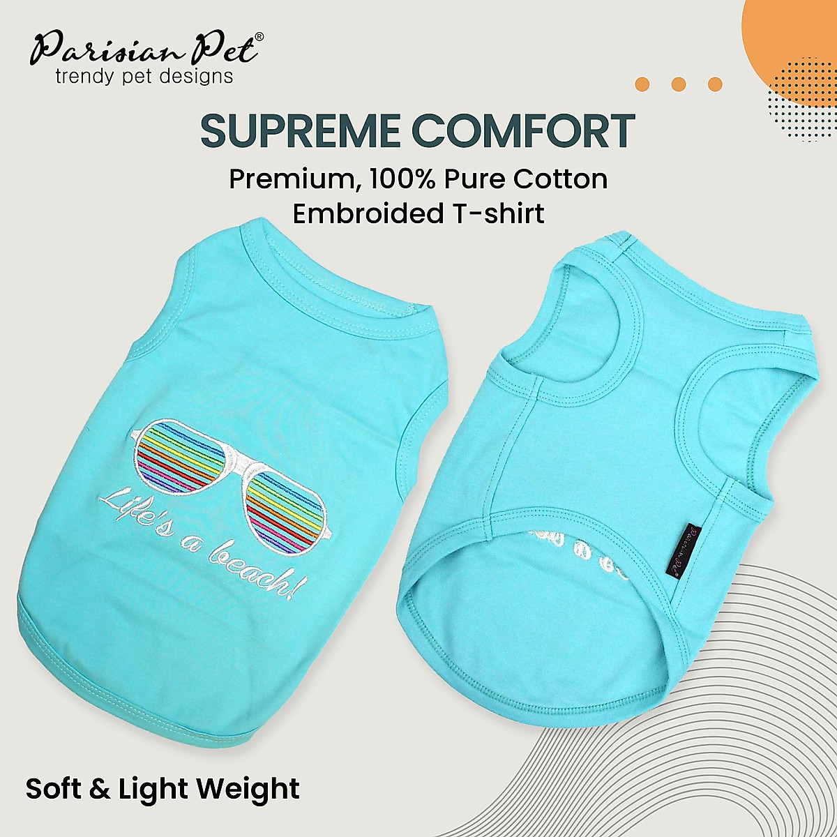 Parisian Pet Dog Tshirt - Embroidered “Life’s a Beach“ Dog Shirt - Lightweight Dog Tank Top- 100% Cotton, Dog Tee Shirts - Summer Dog Clothes - Machine Washable Dog Shirt for Large Dogs -2XL