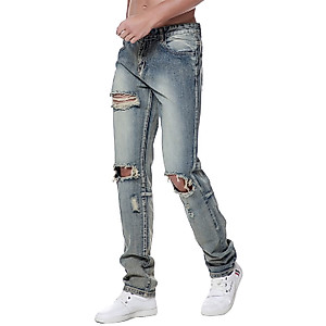 Previn Men's Ripped Denim Jeans Distressed Slim Trousers Destroy Holes Stretch Biker Pants Style1 40W x 32L