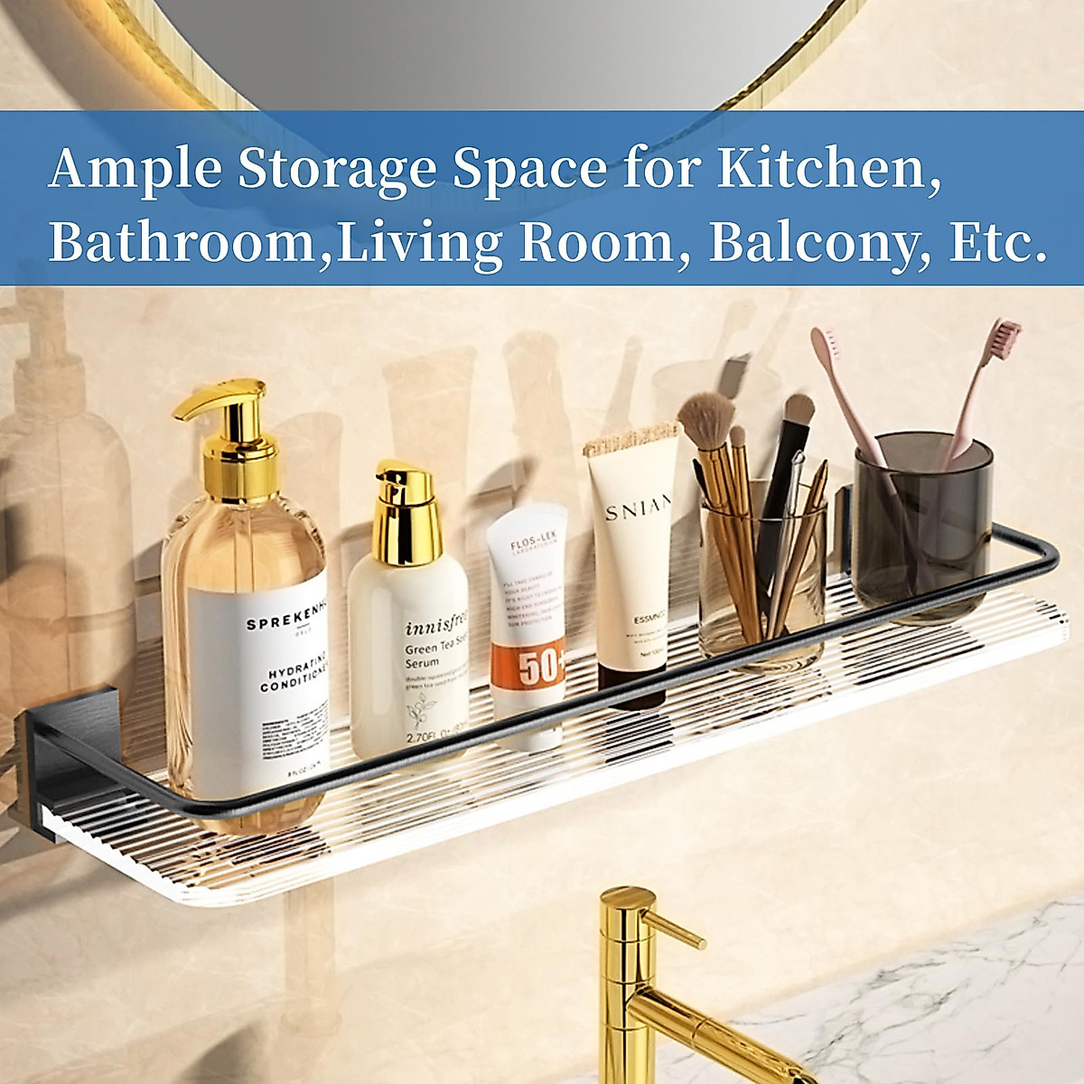 KATASKI 2 Pack Bathroom Acrylic Shelf, 15.7-Inch Bathroom Shower Acrylic Shelf Wall Mounted, Metal Storage Floating Kitchen Shelf