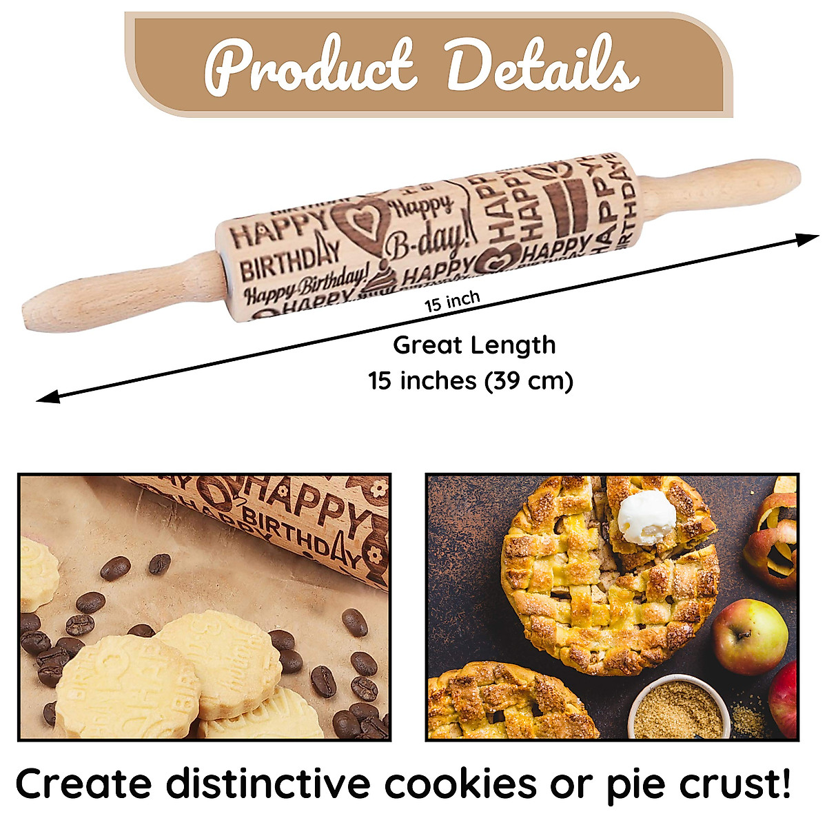 Happy Birthday Embossed Rolling Pin I EXTRA DEEP engraved rolling pin for Cookies I Rolling Pin with Design for Baking I Embossing rolling pin | Rolling Pin Made of Beech Wood I Baking rolling pin