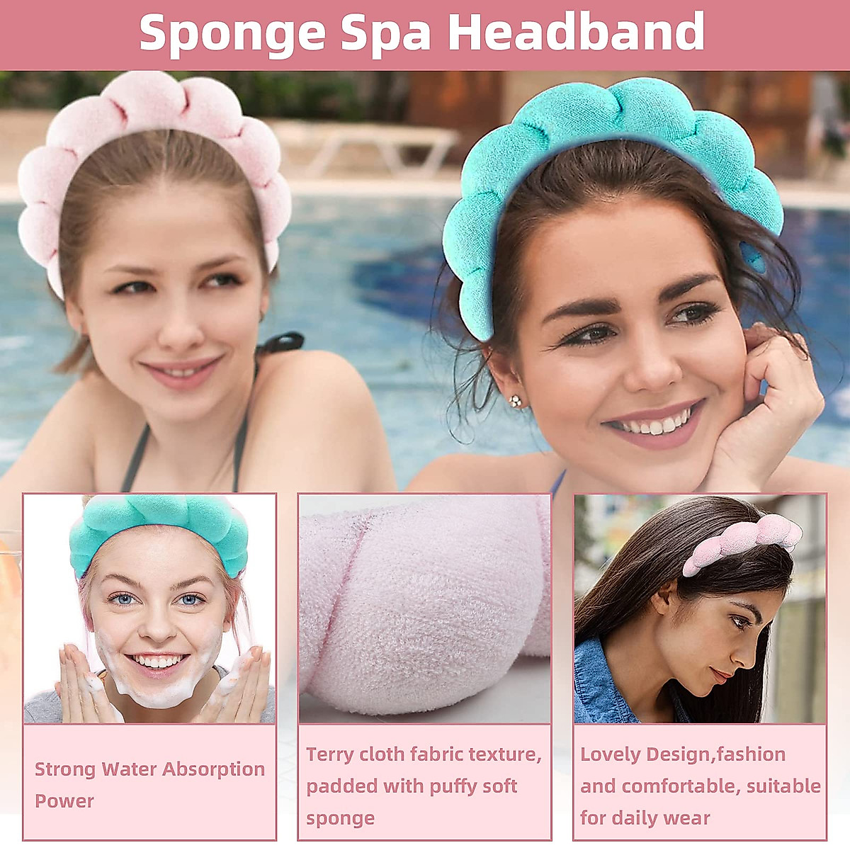 NewBang 2pcs Sponge Spa Headband for Women Terry Towel Cloth Fabric Skincare HeadBands Wristband for Washing Face Makeup Removal Shower Yoga Puffy Padded Soft Head Band Hairband Set Pink & Mint Green