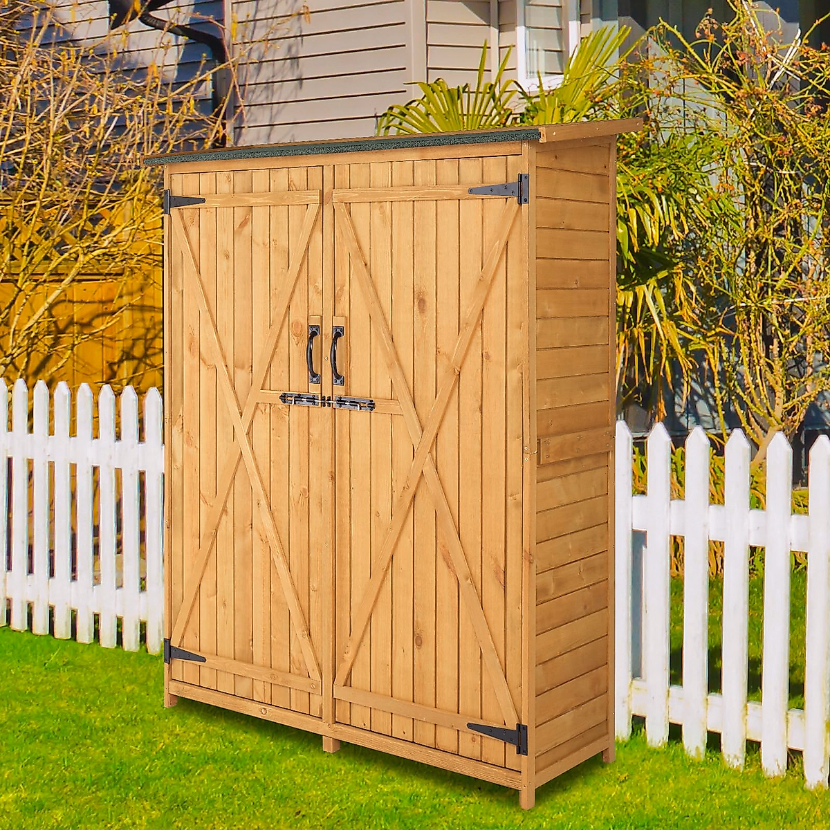 Pinikuyiro Outdoor Storage Cabinet, Wood Garden Shed, Outside Tool Shed, Vertical Organizer Cabinet with Double Lockable Doors for Outside, Garden and Yard