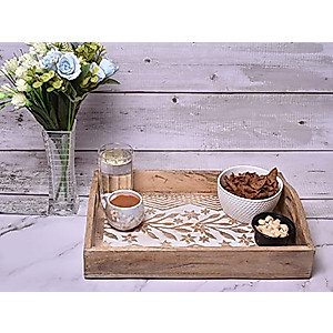 Hand Carved Wooden Breakfast Serving Tray with Handle for Breakfast Tea Snack Dessert | Kitchen Dining Serve-Ware Accessories | 15 x 10 Inches | 2049