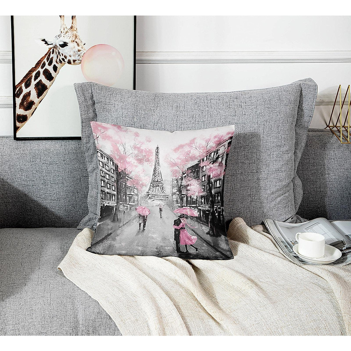 Emvency Throw Pillow Cover Oil Painting Paris European City Landscape France Eiffel Tower Black White and Pink Modern Couple Under Decorative Pillow Case Home Decor Square 18x18 Inches Pillowcase