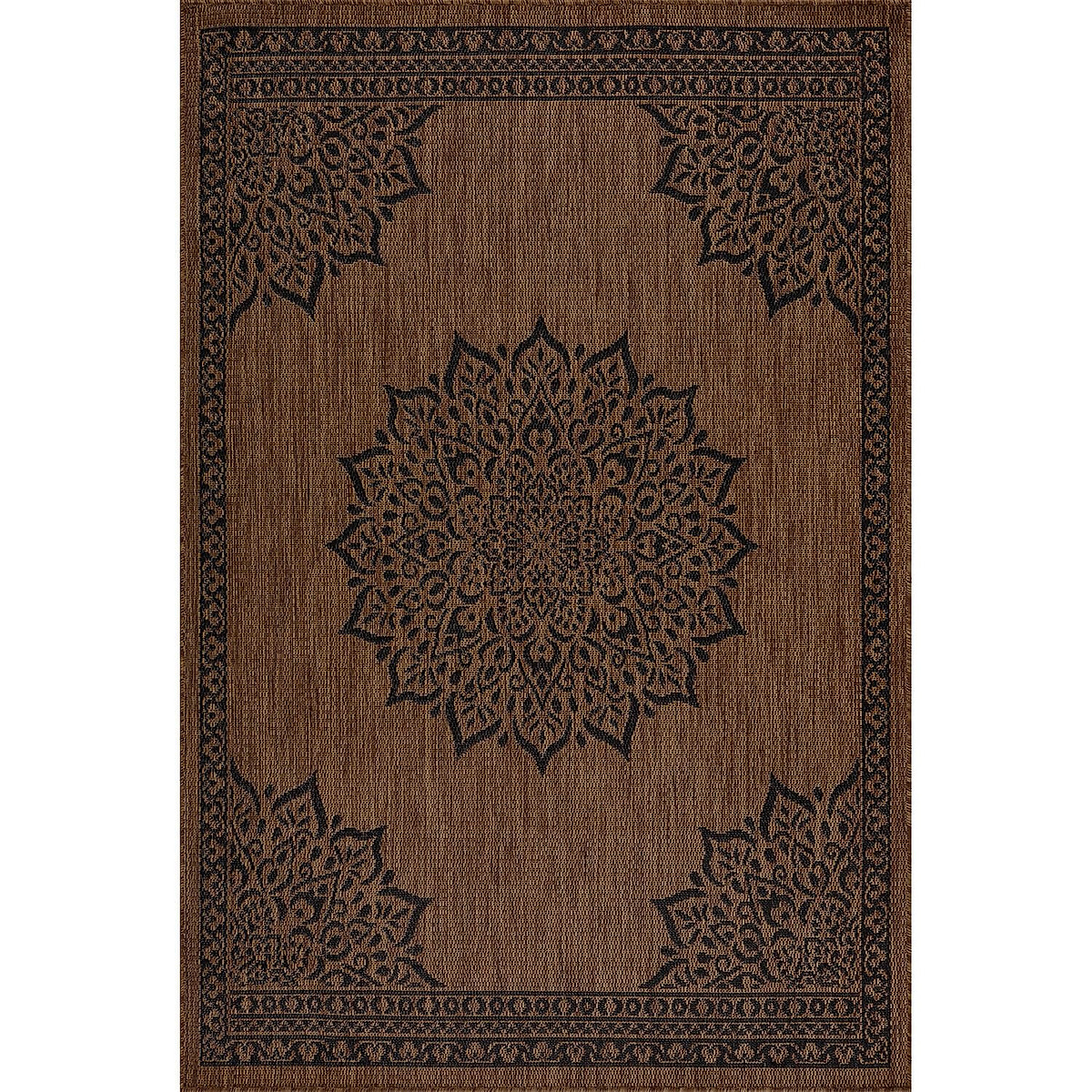 CAMILSON Indoor Outdoor Rug, 9x12 Medallion Nut Brown Black Modern Area Rugs for Large Indoor and Outdoor Patios, Kitchen and Hallway Mats, Washable Porch Deck Outside Carpet (Nut Brown Black, 9x12)