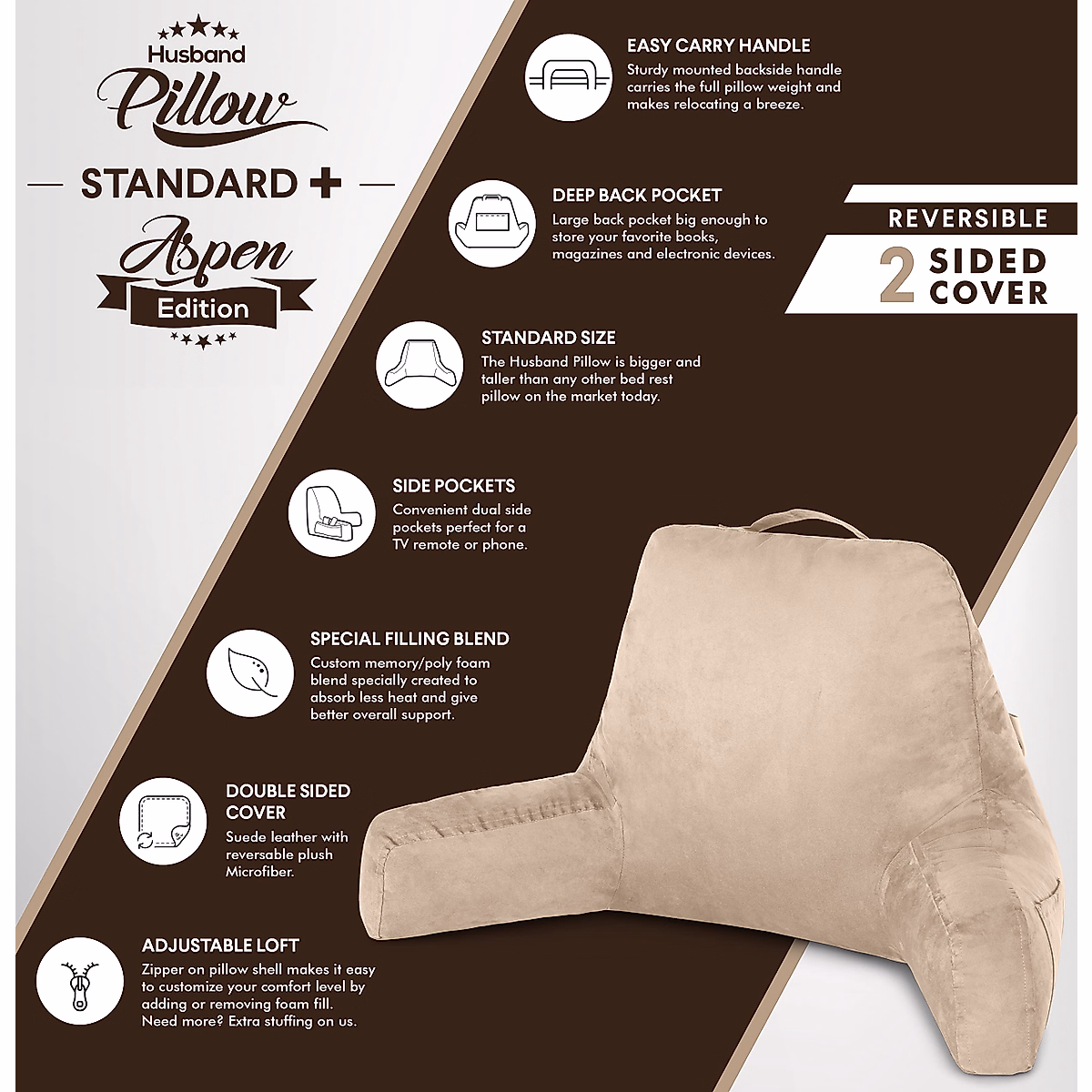 Husband Pillow Combo - Backrest Pillow with Arms : Standard Taupe & Lap Desk Bed Tray : Grey - Aspen Memory Foam Reading Pillows for Bed & Laptop Bed Tray Table