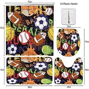 LOKMU 4 Pcs Shower Curtain Sets with Non-Slip Rugs, Toilet Lid Cover and Bath Mat,Boy Sport Pattern Balls Black Basketball Waterproof Shower Curtain with 12 Hooks, Bathroom Decor Sets, 72" x 72"