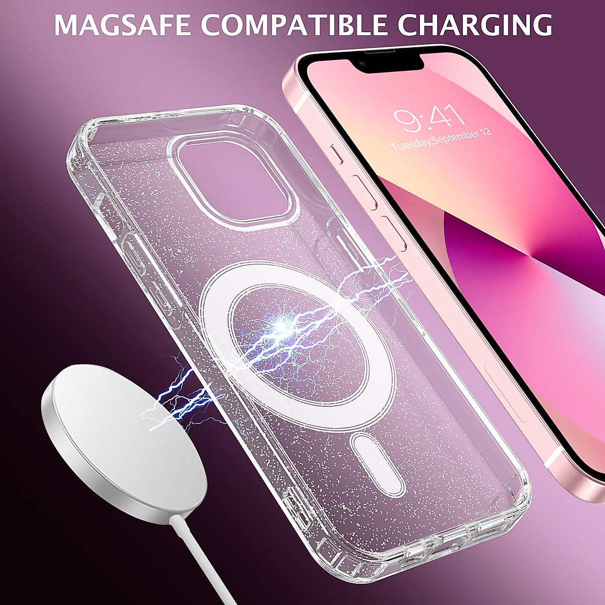 Telaso iPhone 13 Mini Case, iPhone 13 Mini Clear Glitter Case Compatible with Magsafe Wireless Charging Shockproof Anti-Scratch Hybrid Hard PC TPU Bumper Phone Case for iPhone 13 Mini 5.4", Clear