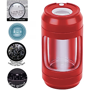 LED Magnifying Jar with Grinder for Herbs, Light up Storage Jar with 8x Magnifying Glass Jar Glow Jar Portable, Storage and Grinding in One Keep Herbs Spice Dry and Fresh (RED)