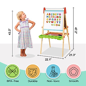 TOOKYLAND Wooden Easel for Kids - Adjustable Height Stand with Magnetic Whiteboard, Chalkboard, Paper Roll, Magnets, Drawing and Painting Accessories; Arts & Crafts Toy for 3 Year Old +