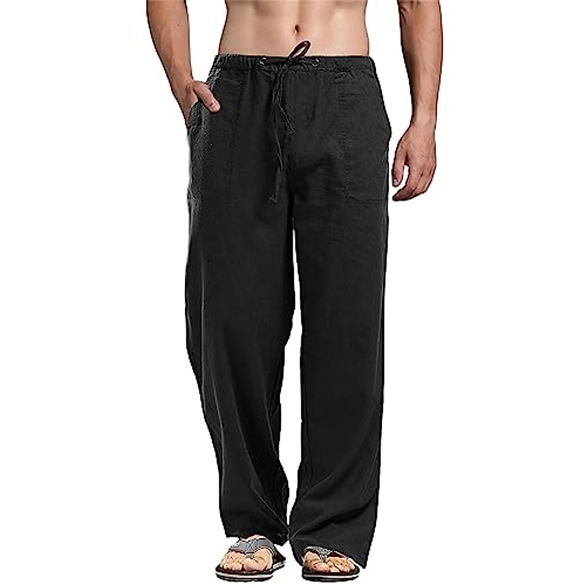 perdontoo Mens Casual Cotton Linen Pants Elastic Waist Drawstring Straight Summer Beach Pants (Small, Black)