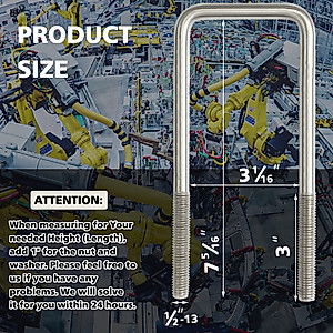 FITHOIST 4Pack Square U-Bolt 1/2"-13 Thread Size, 304 Stainless Steel U Bolts 1/2" D x 3-1/16" W x 7-5/16" L with Washers & Nuts, for Replacement Parts and Accessories for Sailboat Trailer