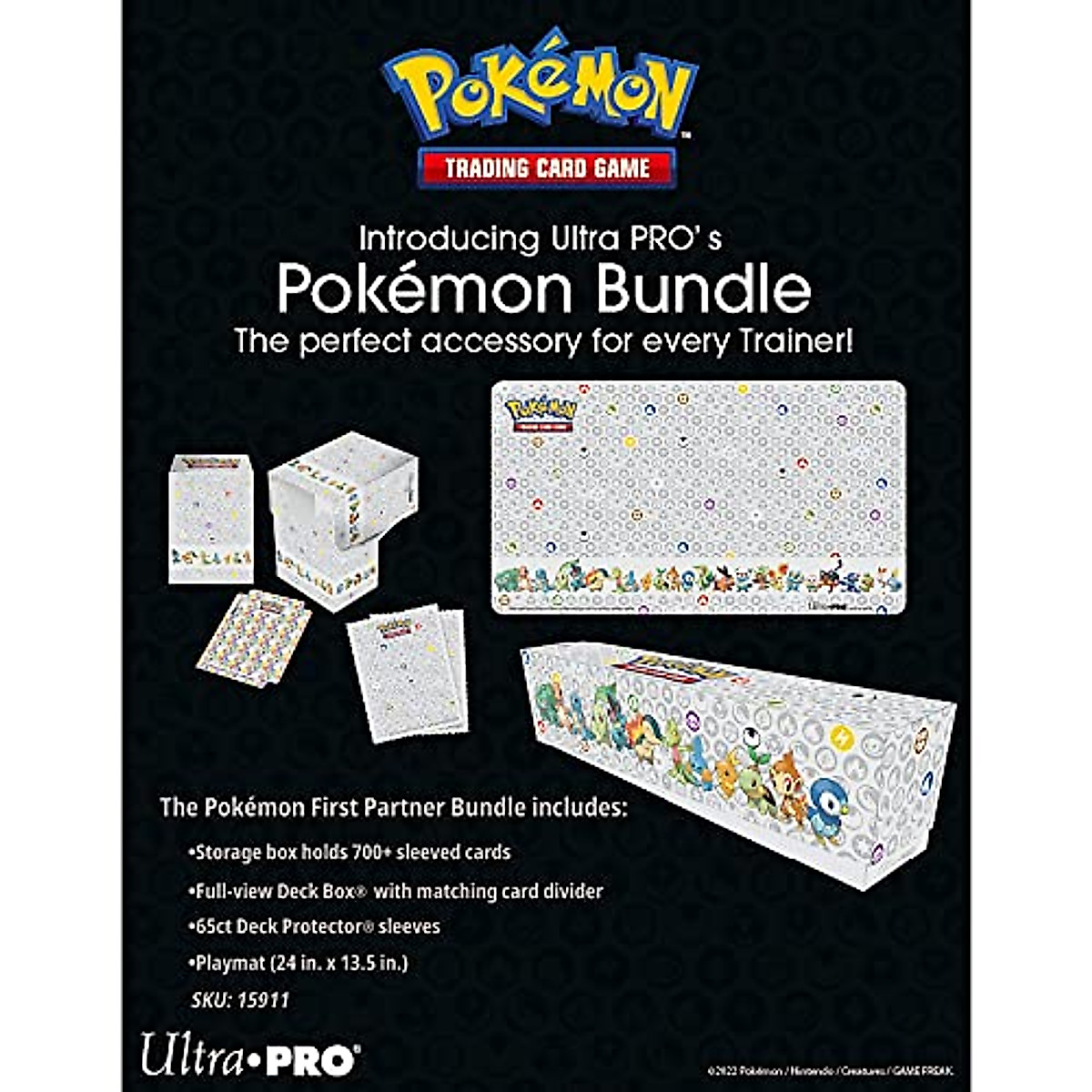 Ultra Pro Pokémon: First Partner Accessory Bundle - Includes: Storage Box for 700+ Sleeved Cards, Deck Box, 65ct Deck Protector Sleeves, Playmat (24"x13.5")