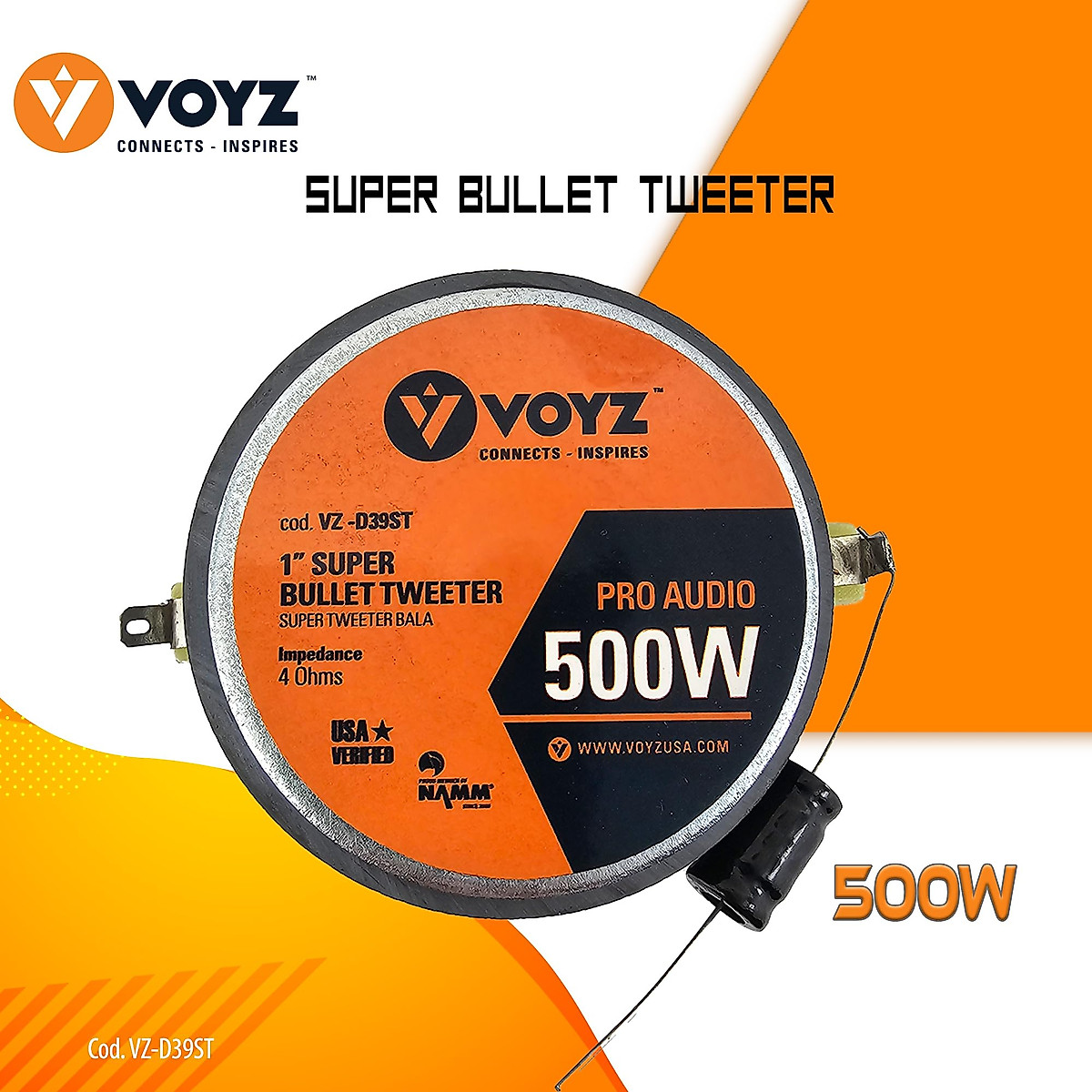 VOYZ 500W Super Tweeter 3.5” Super Horn 2.2KHz - 19KHz | 1” Diaphragm | 4Ω | Heavy Duty Bullet Design | Chrome Finish, Crossover Capacitor | 1 Pair | VZ-D39ST
