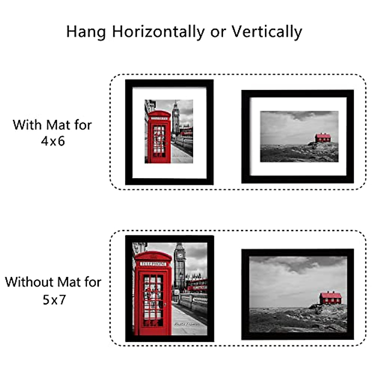 PEALSN 5x7 Picture Frame Set of 6, Display Pictures 4 x 6 with Mat or 5 x 7 Without Mat for Wall Mounting or Table Top Display, Photo Frames Collage for Wall Decor, Black.