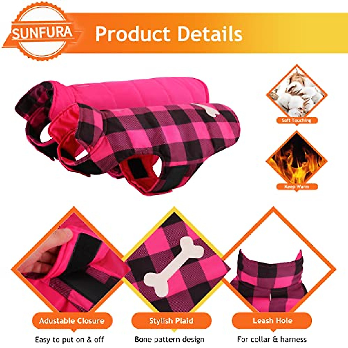 SUNFURA Plaid Dog Coat, British Style Dog Winter Jacket Outdoor Dog Vest with Windproof Collar and Leash Hole, Buffalo Plaid Dog Cold Weather Coats Warm Clothes Pet Apparel for Small Medium Large Dogs