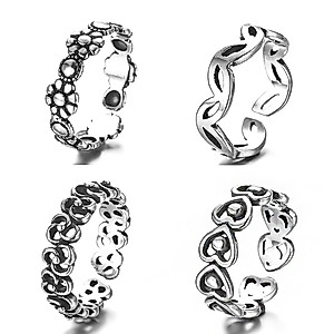 lauhonmin 3pcs S925 Sterling Silver Open Rings Set Finger Ring Joint Ring Toe Ring Beach Jewelry Gifts for Women Adjustable (Style B)