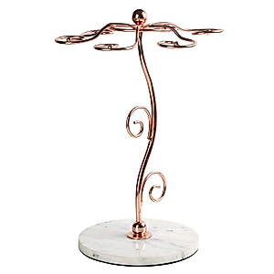 MyGift Countertop Wine Glasses Rack, Modern Copper Metal Wire Tabletop Stemware Holder Display Rack with White Marble Base