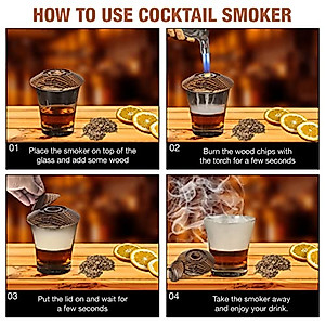 Cocktail Smoker Kit with Torch and Wood Chips for Whiskey and Bourbon (Butane Not Included) - Charred Artisan Smoke Lid, an Old Fashioned Drink Smoker Kit and Whiskey Smoker Infuser Kit (Oak)