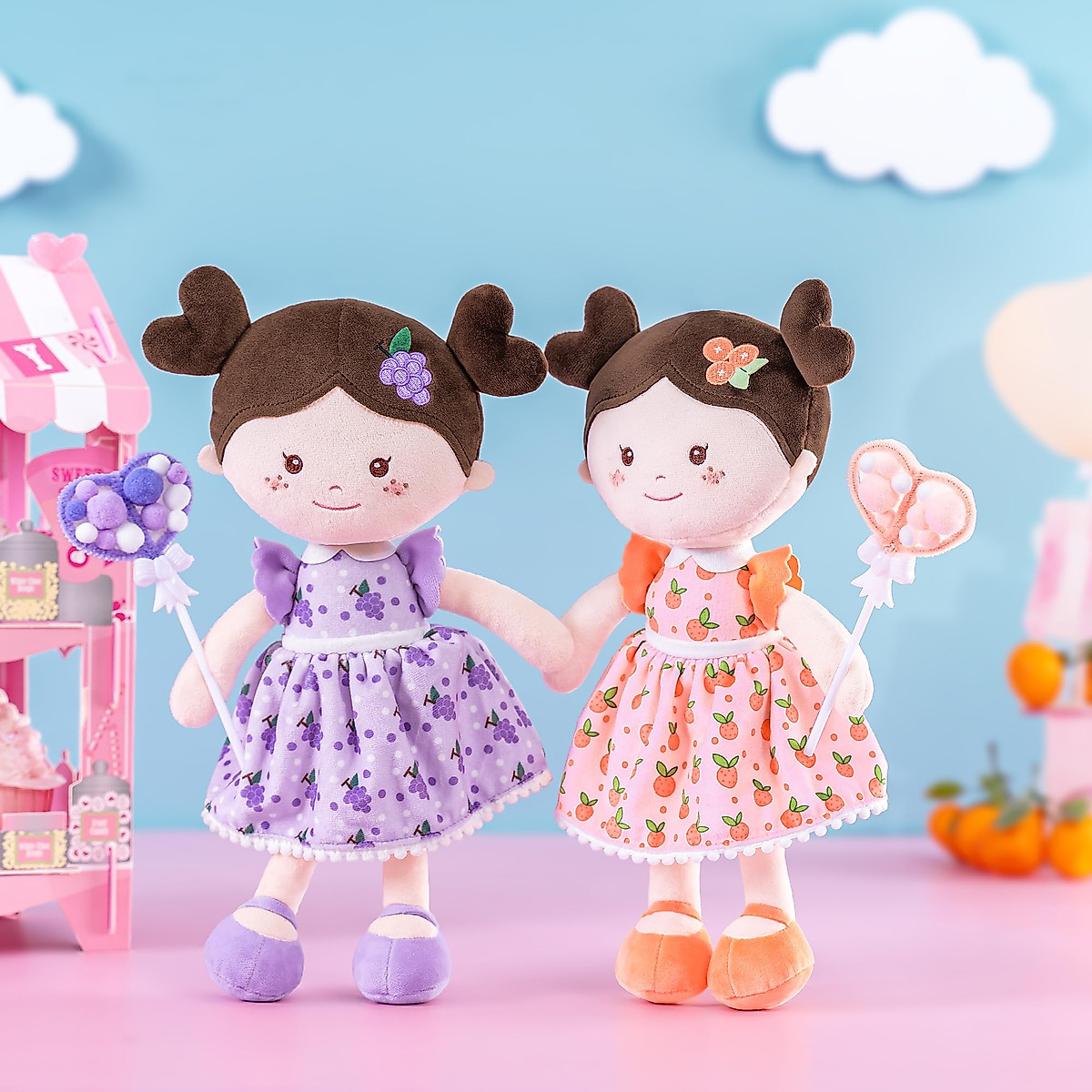 Onetoo Baby Doll Soft Baby Doll Girls First Baby Doll Sleeping Cuddle Buddy Doll Plush Rag Doll for Girls Wear Orang Dress 14"