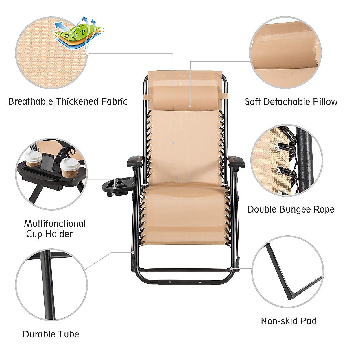 Goplus Zero Gravity Chairs, X-Large Outdoor Lounge Lawn Chair with Cup Holder & Detachable Headrest, Adjustable Folding Patio Recliner for Pool Porch Deck Oversize (Beige)