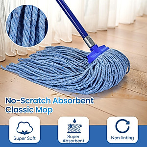 Matthew Cleaning Screw-on Heavy Duty Cotton Wet Mop Replacement Heads(Blue, Large,3Pack) with 2 Pack Microfiber Cloth for Residential & Commercial Floor Cleaning Use- Fit Standard American Screw