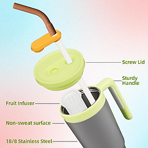 Konokyo Insulated Tumbler with Handle and Straw,40 OZ Vacuum Stainless Steel Water Bottle Travel Mug Metal Cup with Fruit Diffuser,Grey