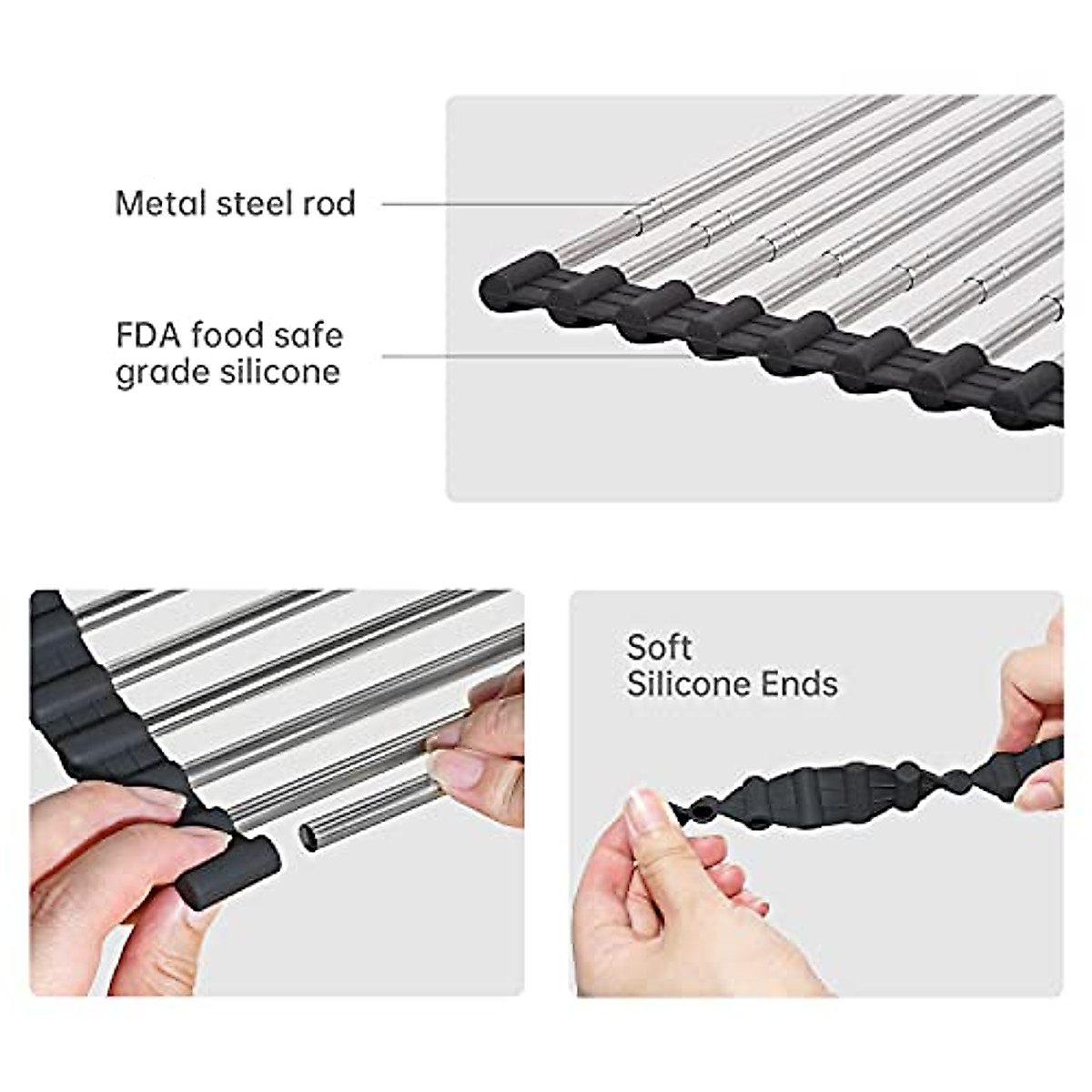 ARAINY Large Telescopic Drain Rack Roll Up Dishes Drying Rack Expandable Kitchen Sink Rack Over The Sink Dish Drying Rack SUS304 Stainless Steel Dish Rack (21.25''x12.79'')