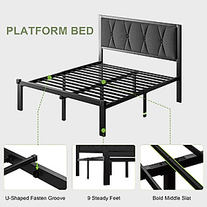 Feonase Queen Size Metal Bed Frame with Fabric Button Tufted Headboard, Platform Bed Frame with Heavy Duty Metal Slats, 12" Storage Space, Noise Free, No Box Spring Needed, Dark Grey