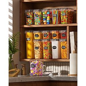 KEMETHY 15 Pack Airtight Food Storage Containers with Lids, Kitchen Pantry Organizers and Storage, BPA-Free Plastic Food Canisters for Cereal, Flour, Sugar, Pasta, Dry Food, Include Labels & Marker