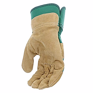 Scotts Men's Durable Split Cowhide Leather Palm Work Gloves, Abrasion Resistant, Safety Cuff, Padded Knuckle, Green/Yellow, Large, (SC75525/L)