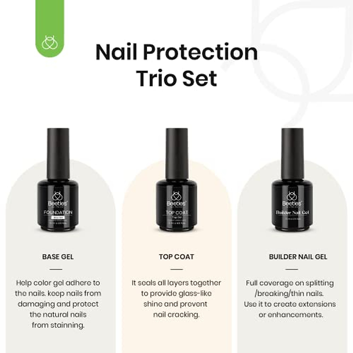 Beetles 3Pcs 15ml Top and Base Coat Set No Wipe Gel Top Coat Base Coat Set Builder Nail Gel for Nails Shine Finish and Long Lasting Soak Off Led Gel Base Top Coat Glossy Gel Base and Top Coat