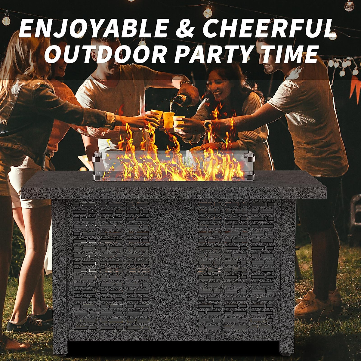 Essential Lounger 42 Inch Fire Pit Table, 50,000 BTU Rectangle Propane Gas Fire Pit, Outdoor Fire Pit Dining Table with Lid,Glass Wind Guard,Waterproof Cover,Lava Rocks - Steel